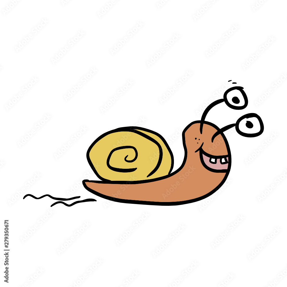 Fast snail character with big eyes and smile. Hand drawn cartoon vector ...