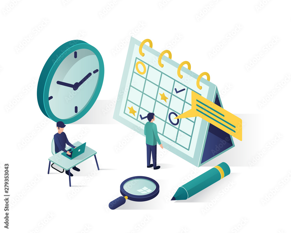 vector isometric illustration. isometric people characters make an schedule in the calendar ...