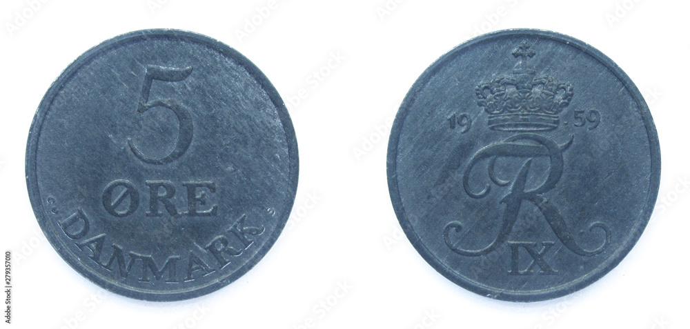 Danish 5 (five) Ore 1959 year zinc coin, Denmark. Coin shows a monogram ...