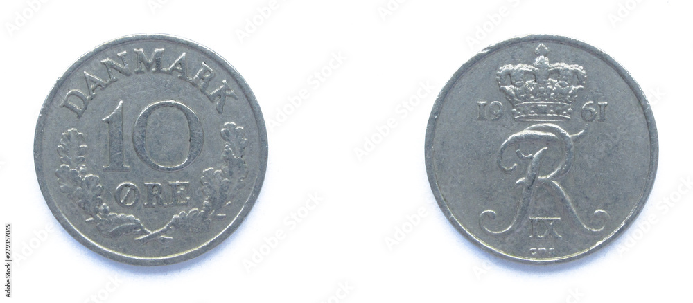 Danish 10 Ore 1961 year copper-nickel coin, Denmark. Coin shows a ...