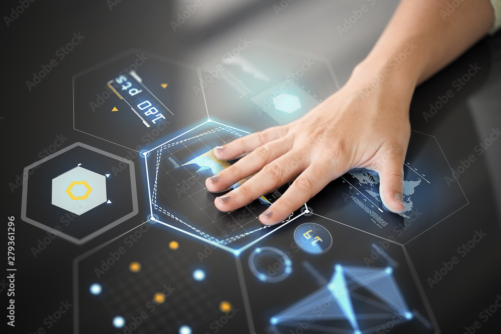 technology and people concept - hand using black interactive panel with ...