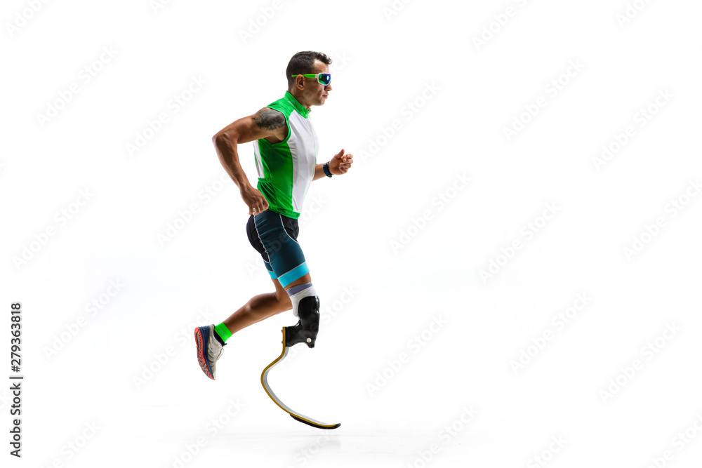 Athlete with disabilities or amputee isolated on white studio ...