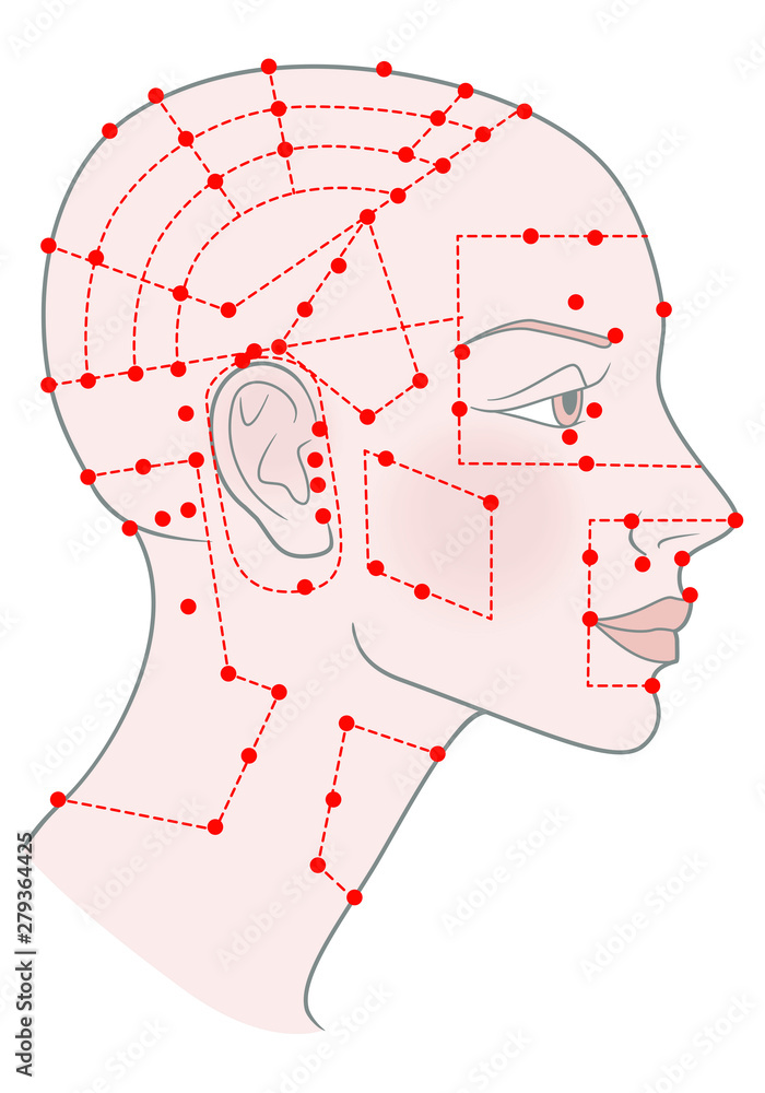 Active acupuncture points on the profile template Girl with shaved bald ...