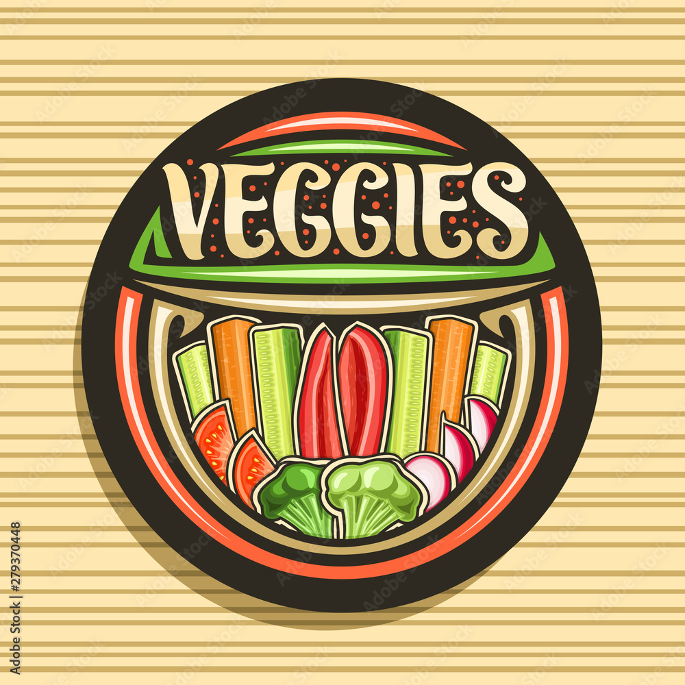 Vector logo for Veggies, dark tag with illustration of raw vegetables ...