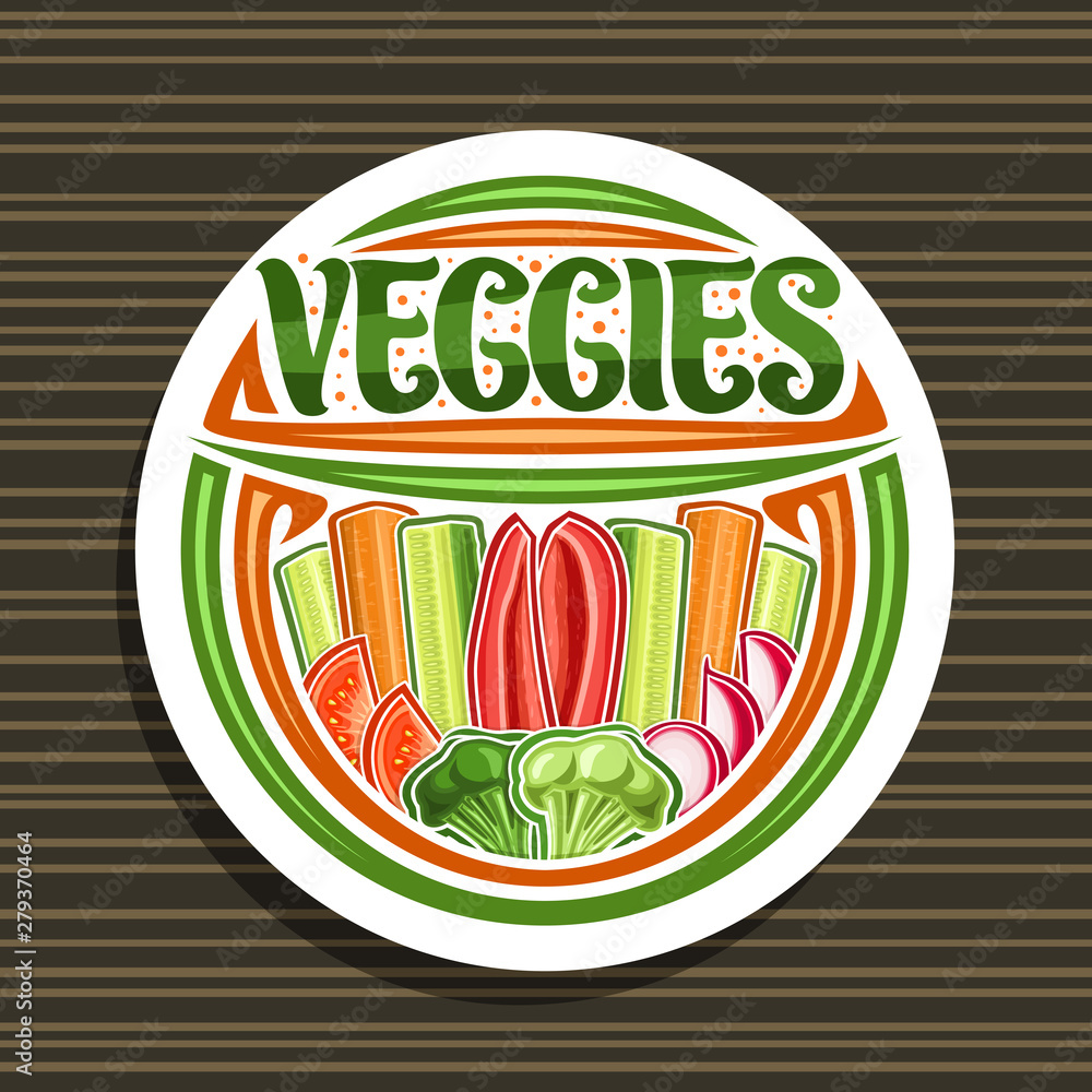 Vector logo for Veggies, white tag with illustration of raw vegetables ...