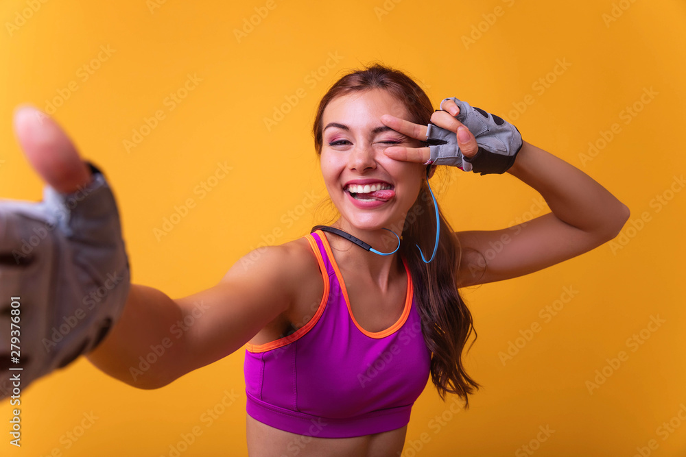 Fitness selfie woman self portrait after workout. Sport athlete taking ...