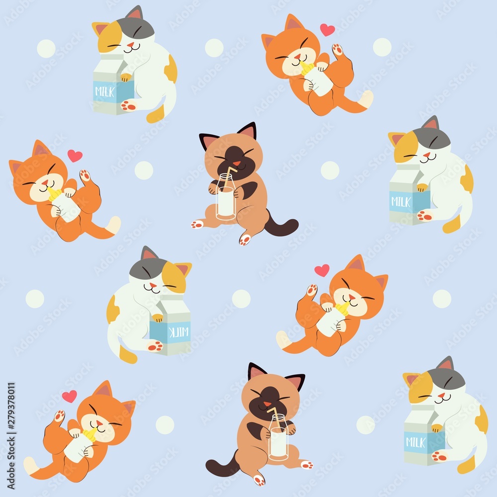 The seamless pattern of cat love milk. The cute character of cat . some ...