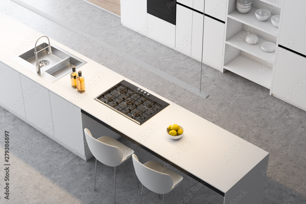 Top view of white kitchen with island ภาพถ่ายสต็อก | Adobe Stock