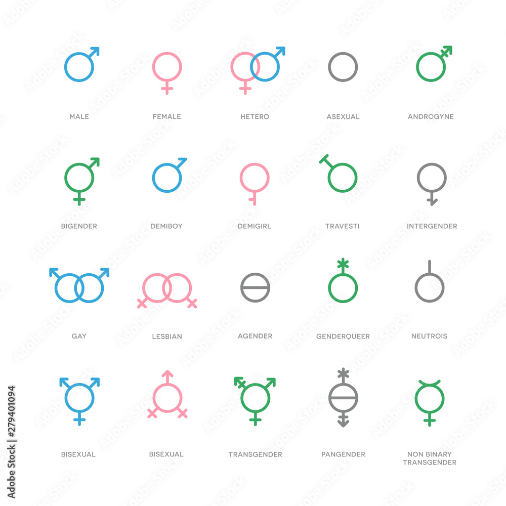 Sexual orientation gender symbols. Male, female, transgender, bigender ...