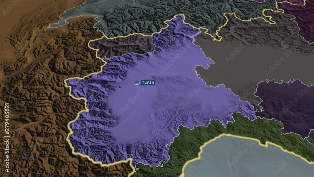 Piemonte - region of Italy with its capital zoomed on the ...