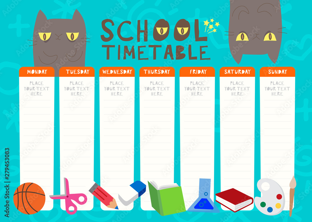 Kids weekly planner with funny cat cartoon characters. A school ...