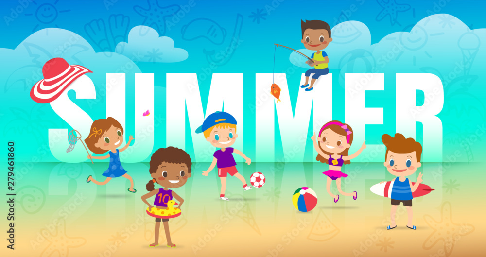 Vecteur Stock Summer holiday on the beach, children with many outdoor ...