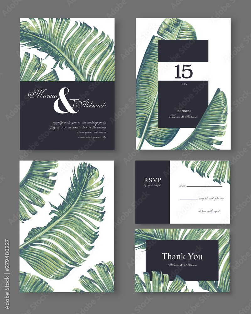 Botanical wedding invitation card. Template design with tropical ...