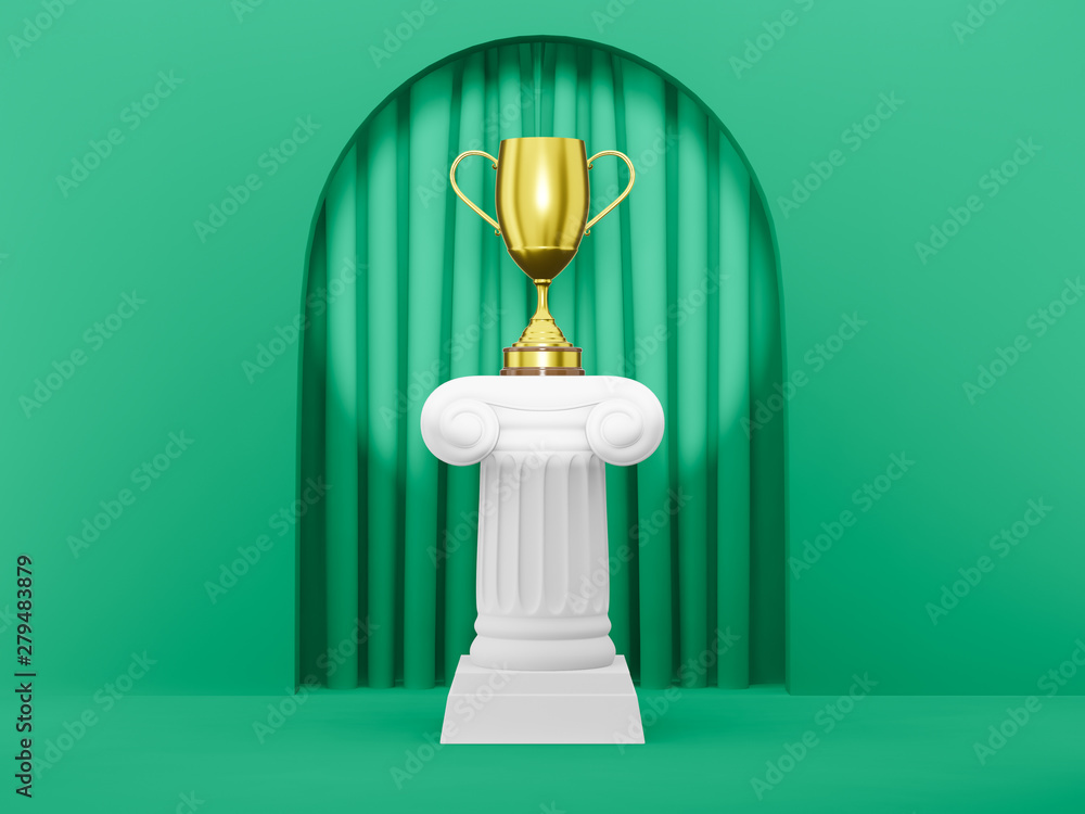 Abstract podium column with a golden trophy on the green background ...