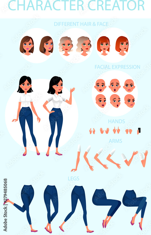 Woman character creation set with various views, poses, face emotions ...