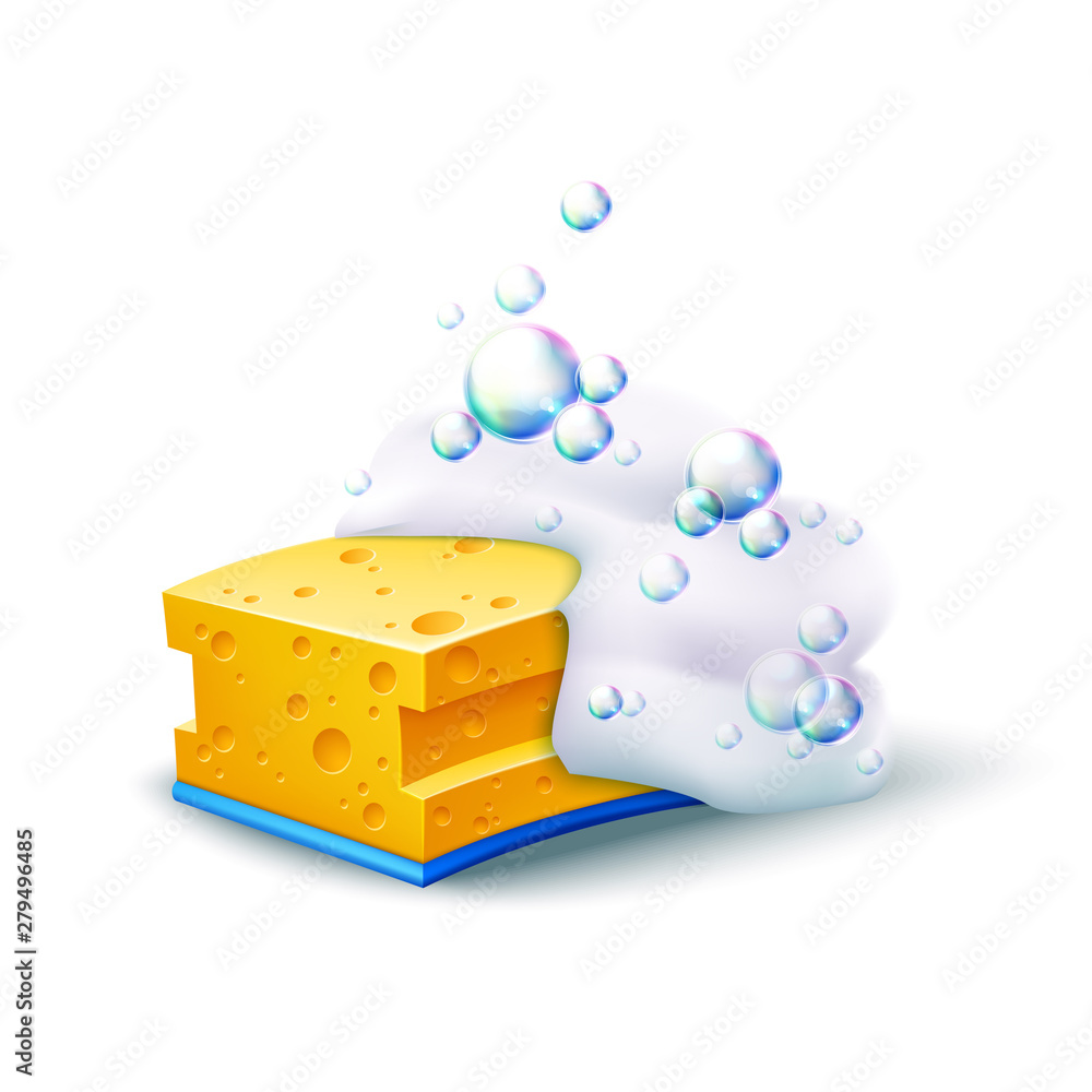 Realistic yellow sponge with colorful soapy bubbles. Dishes washing ...