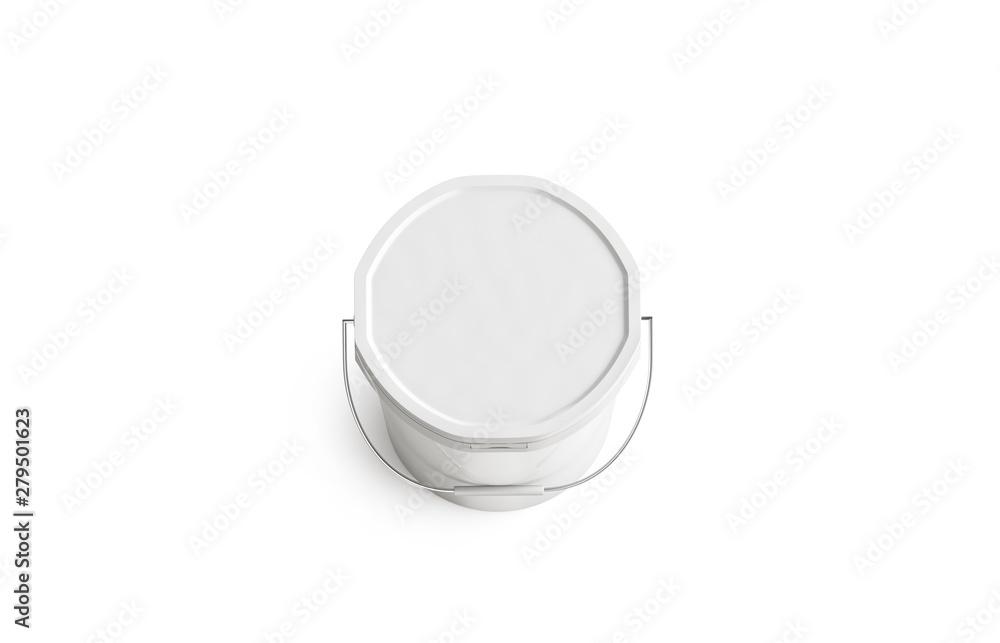Blank white paint bucket with lid and handle mockup, top view, isolated ...