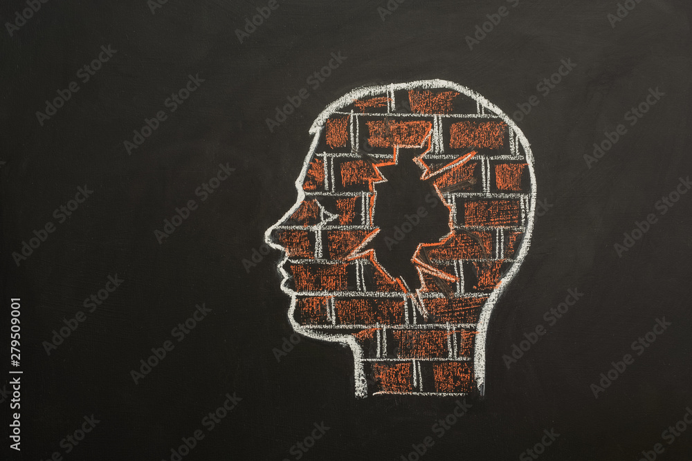 Human head with brick wall. Mental block. Symbolized with a brick wall ...