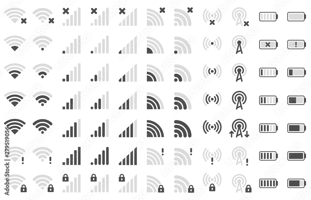 Mobile phone bar icons. Smartphone battery charge level, wifi signal ... Mobile phone bar icons. Smartphone battery charge level, wifi signal ...