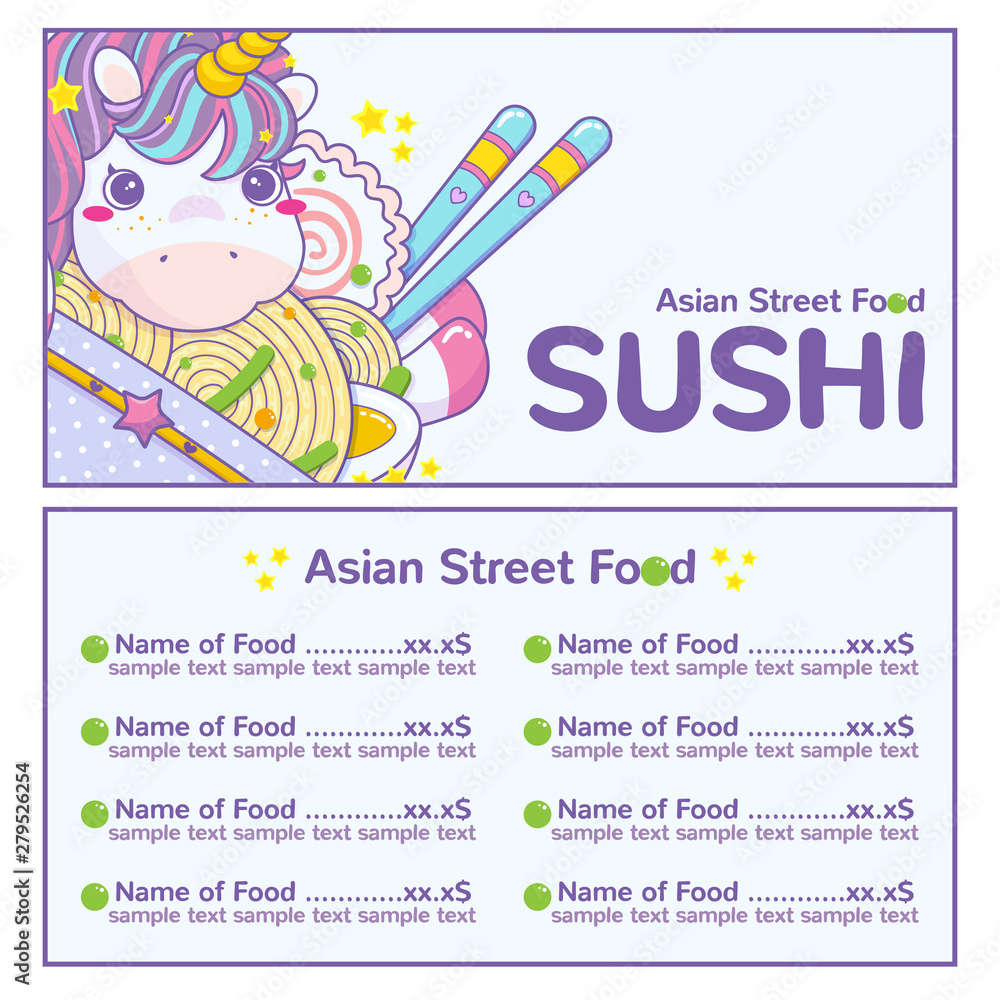 Vector background and template for menu. Kawaii art for Asian food ...