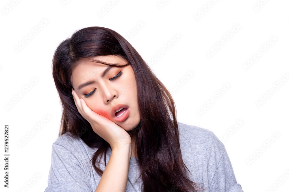 Beautiful woman get toothache or young lady get mumps that make her get ...