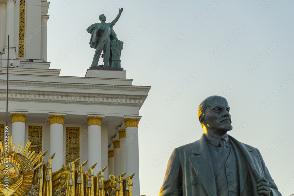 Poster Soviet communist leader Vladimir Lenin statue in front of old ...