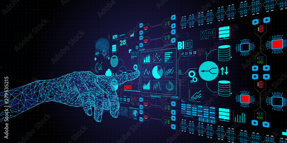Business data analytics process management with businessman hand ...