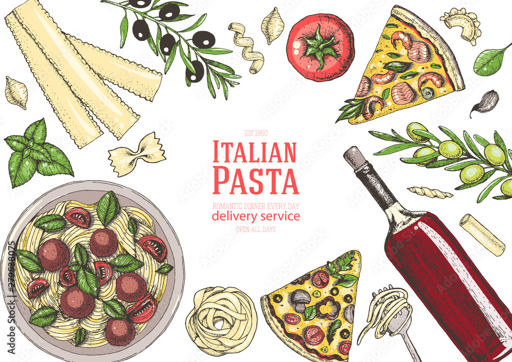 Italian cuisine top view frame. A set of Italian dishes with pasta ...
