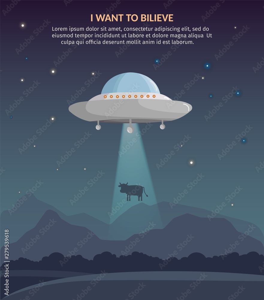 Vector UFO abducts cow illustration night sky Stock Vector | Adobe Stock