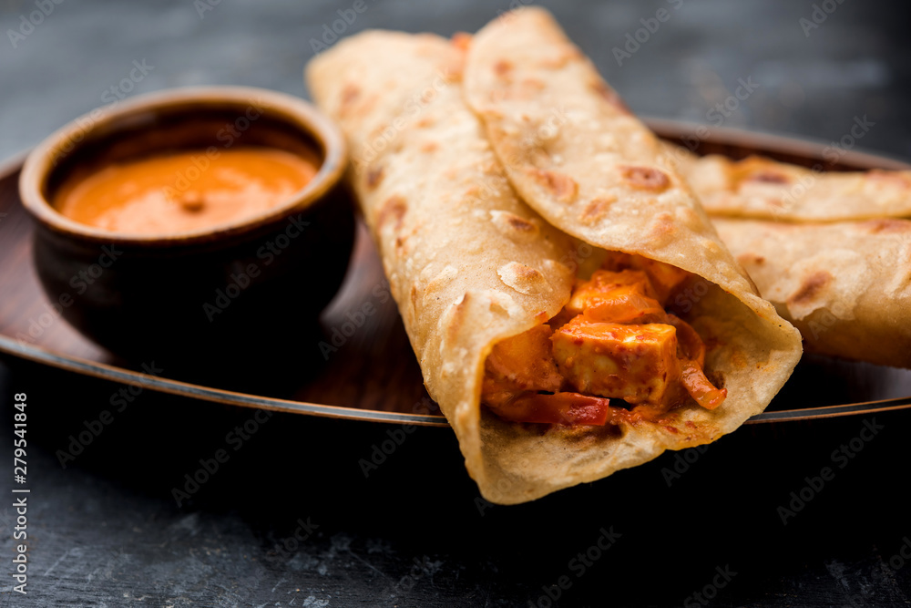 Peri peri paneer chapati frankie/wrap/roll, selective focus Stock Photo ...