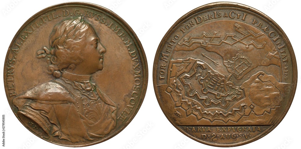Russia Russian copper medal 18th century, subject Conquering of Narva ...