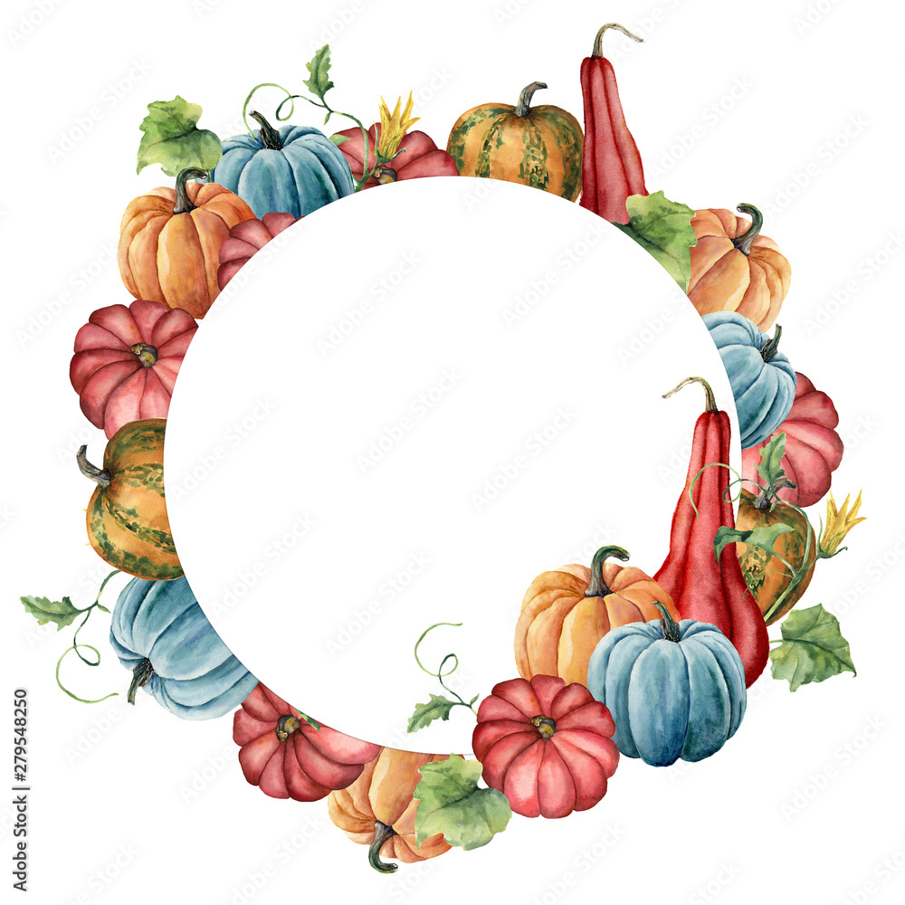 Watercolor circle border with pumpkins composition. Hand painted red ...