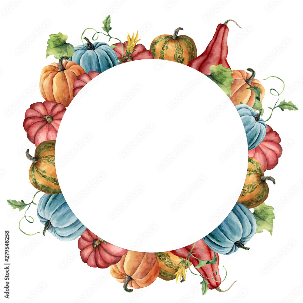 Watercolor circle border with pumpkins bouquet. Hand painted red, blue ...