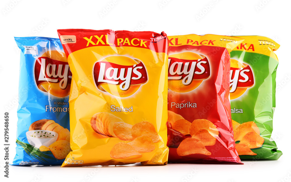 Packets of Lays potato chips isolated on white Stock Photo | Adobe Stock