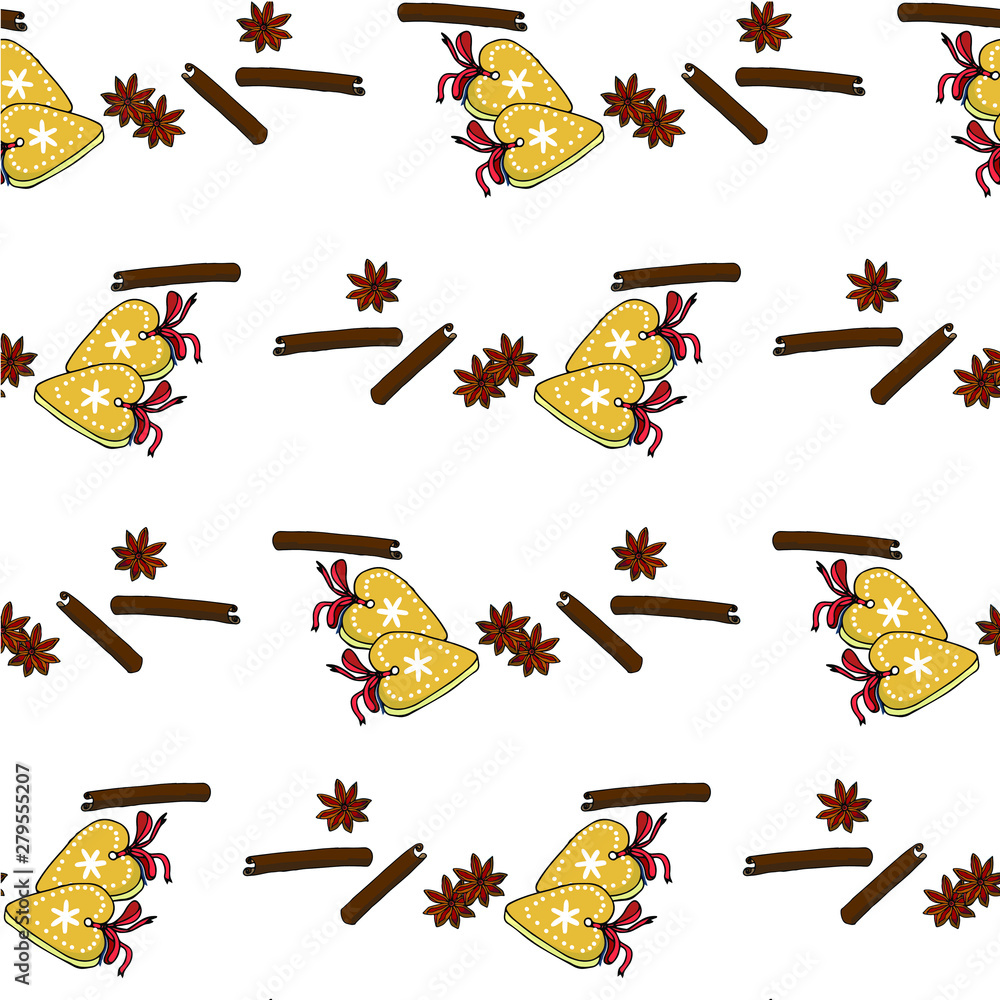 Seamless pattern of cookies shape form cinnamon cardamon. Hand drawn ...