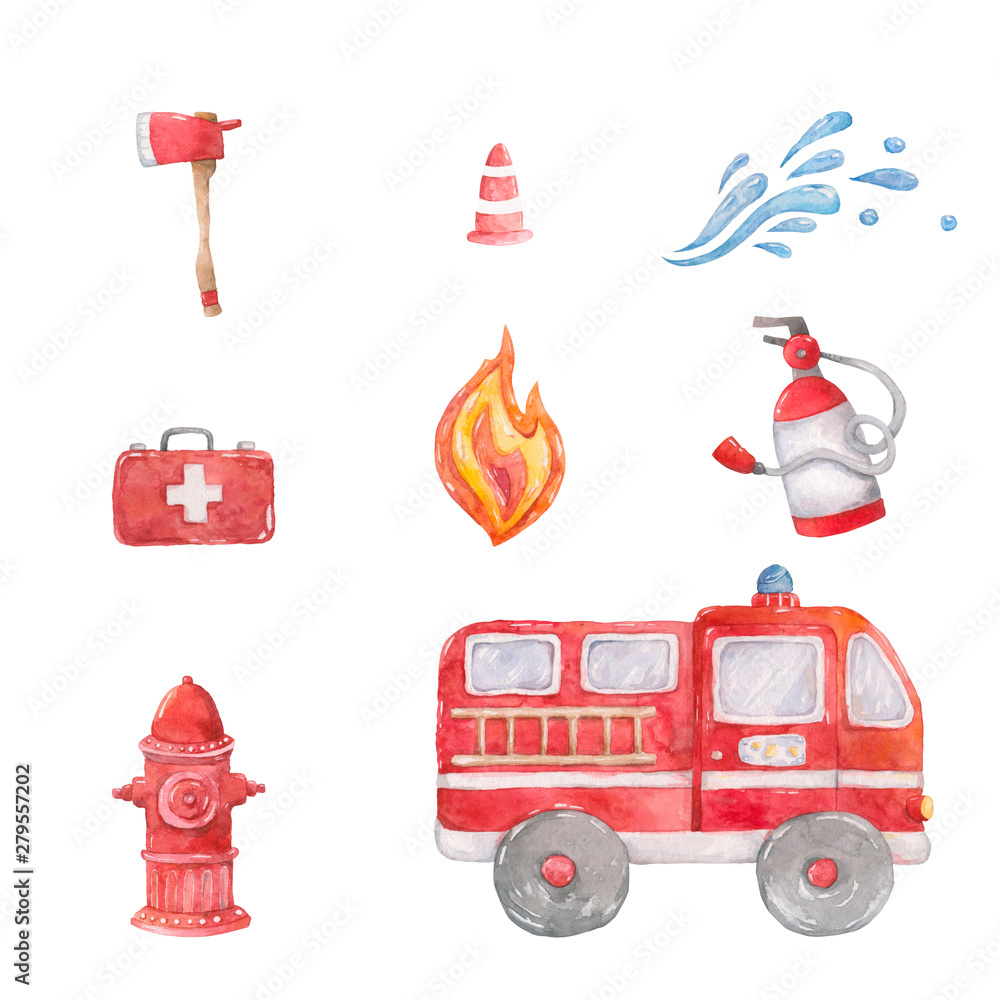 Watercolor cartoon cute set Firefighting and fire safety equipment ...