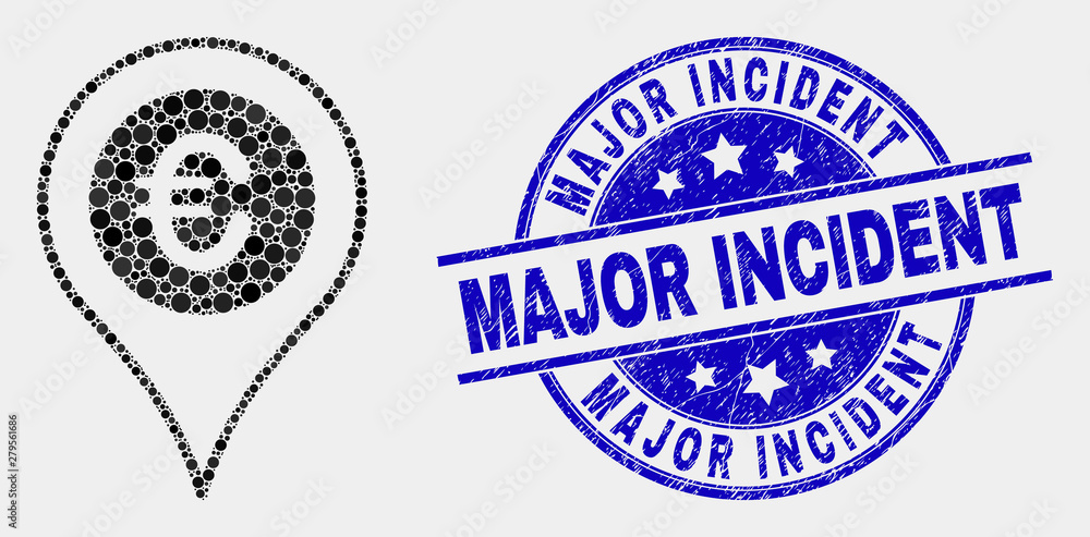 Pixelated euro map marker mosaic icon and Major Incident seal. Blue ...