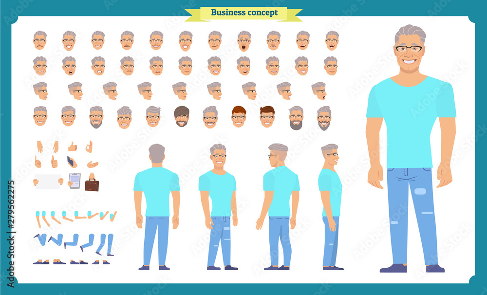 Front, side, back view animated character set with various views ...