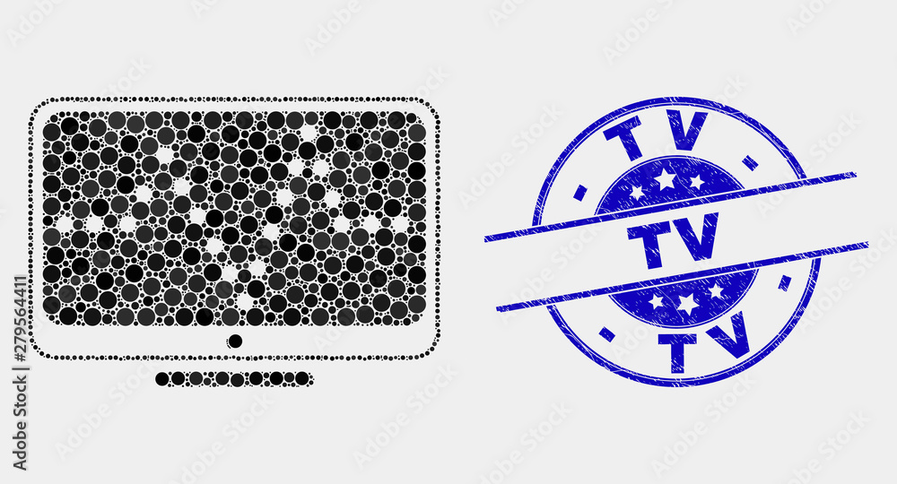 Dot online dotted chart mosaic icon and TV seal. Blue vector rounded ...