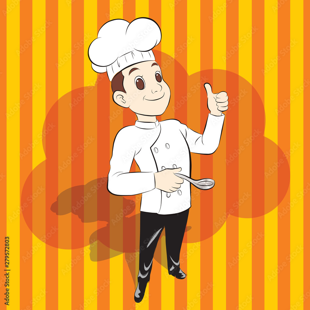 cute chef show thumb finger and hold a spoon. vector illustration ...