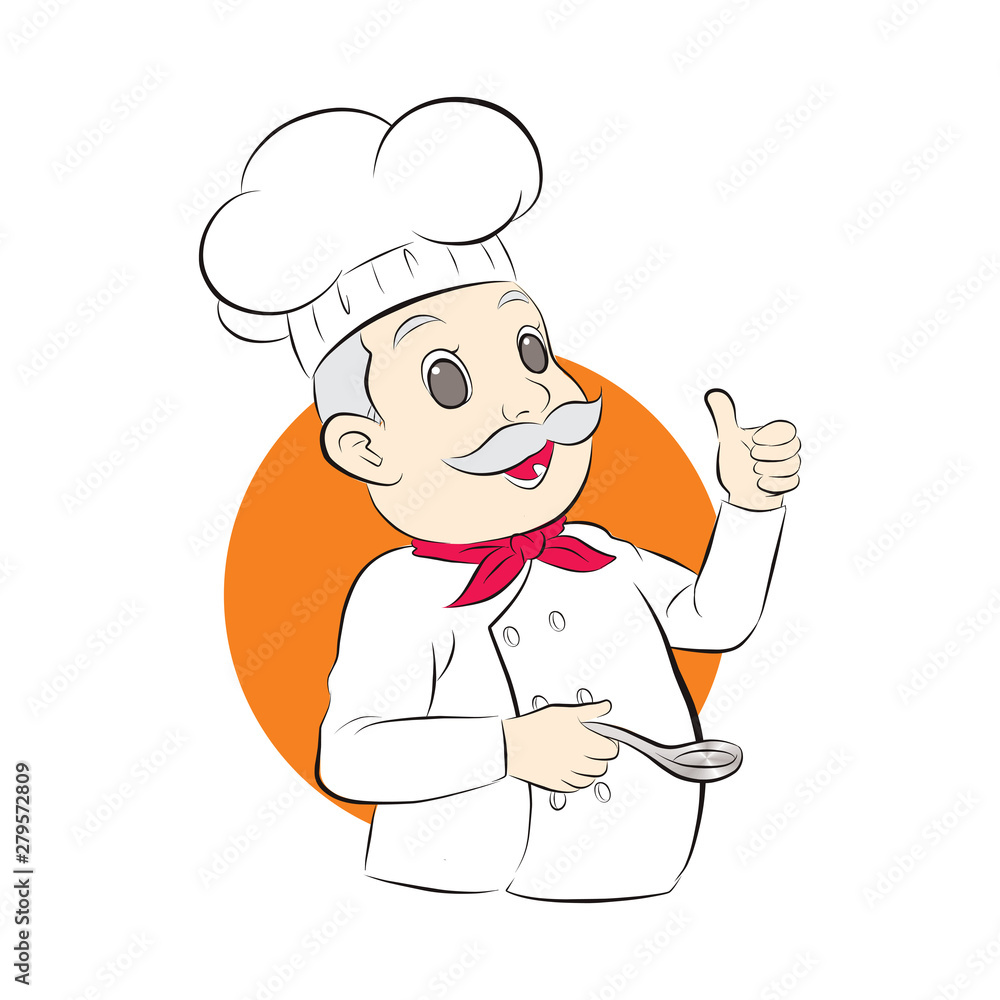 old cute chef show thumb finger and hold a spoon. vector illustration ...