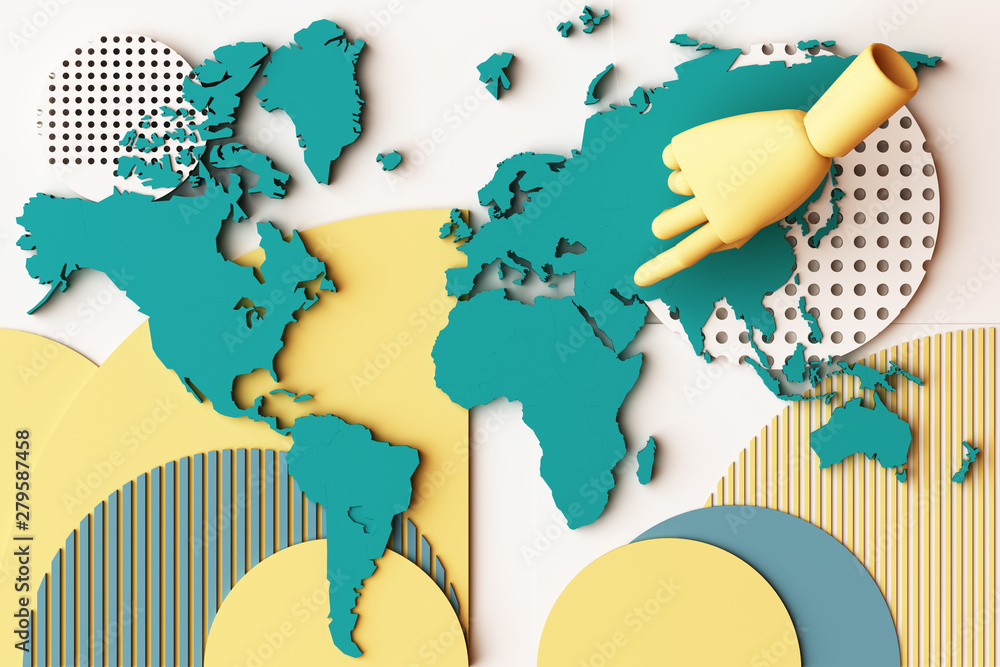 World map with human's hand concept abstract composition of geometric ...
