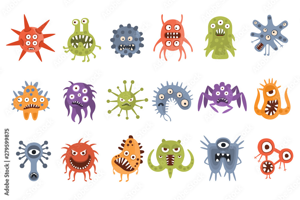 Aggressive Fantastic Monster Microorganisms Set. Bright Color Primitive ...