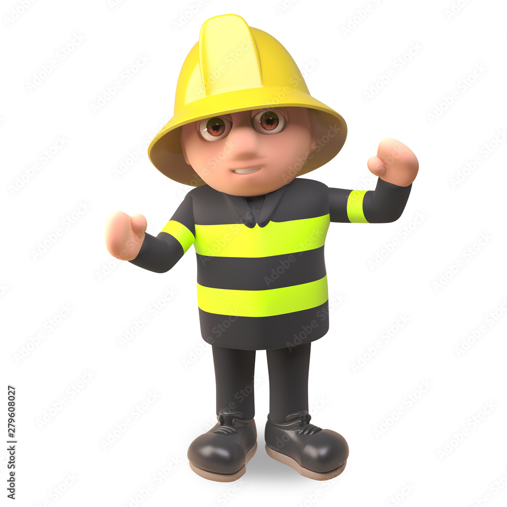 Cartoon 3d fireman firefighter character in high visibility clothing ...