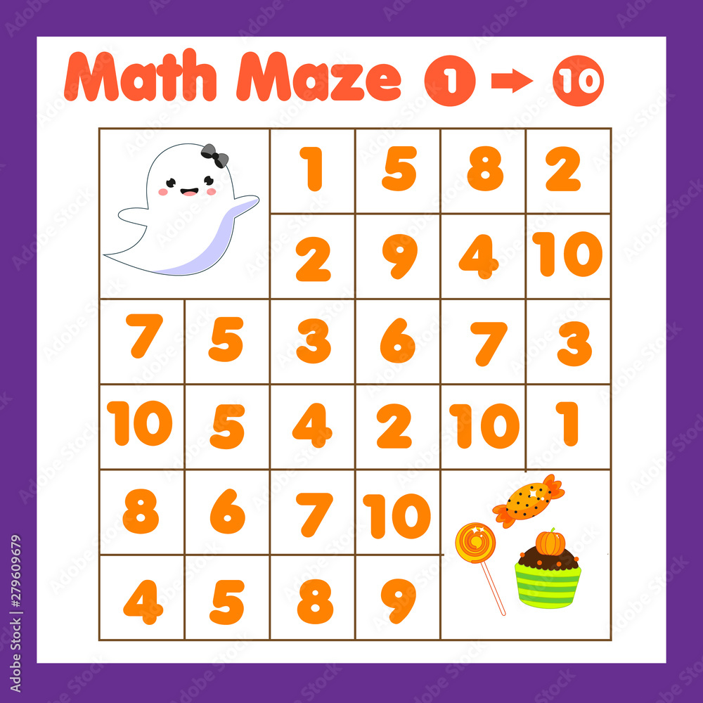Educatiional children game. Mathematics maze. Labyrinth with numbers ...