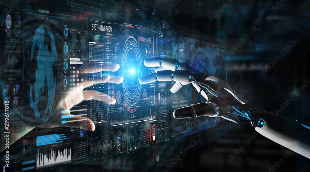 Robot hand and human hand touching digital graph interface 3D rendering ...