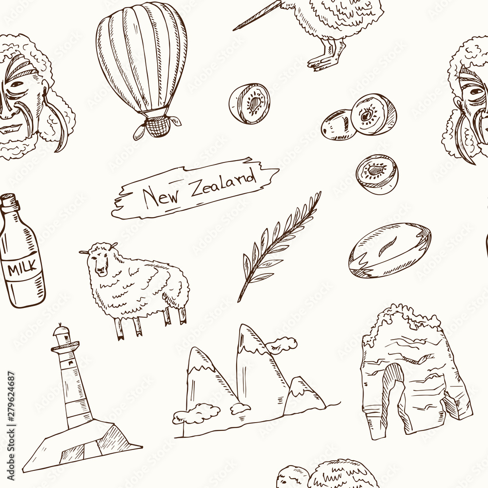 New Zealand hand drawn doodle seamless pattern. Vector illustration ...