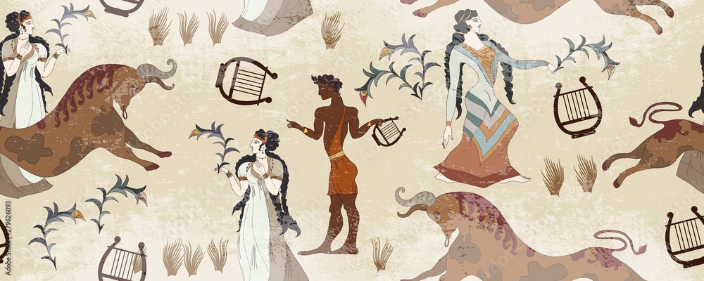 Minoan civilization seamless pattern. Ancient Greece frescos. Ju Stock ...