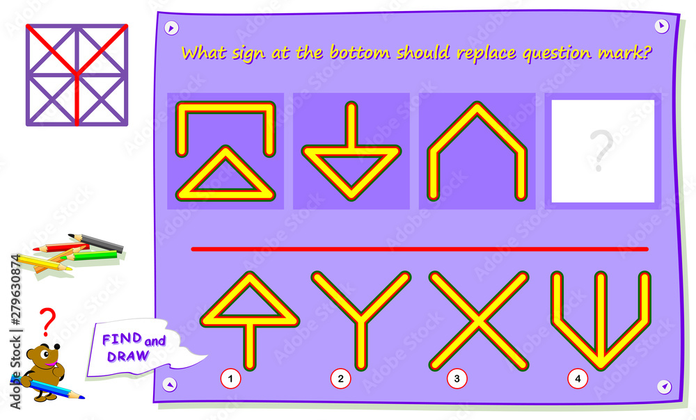 Logic puzzle game for kids. What sign at the bottom should replace ...