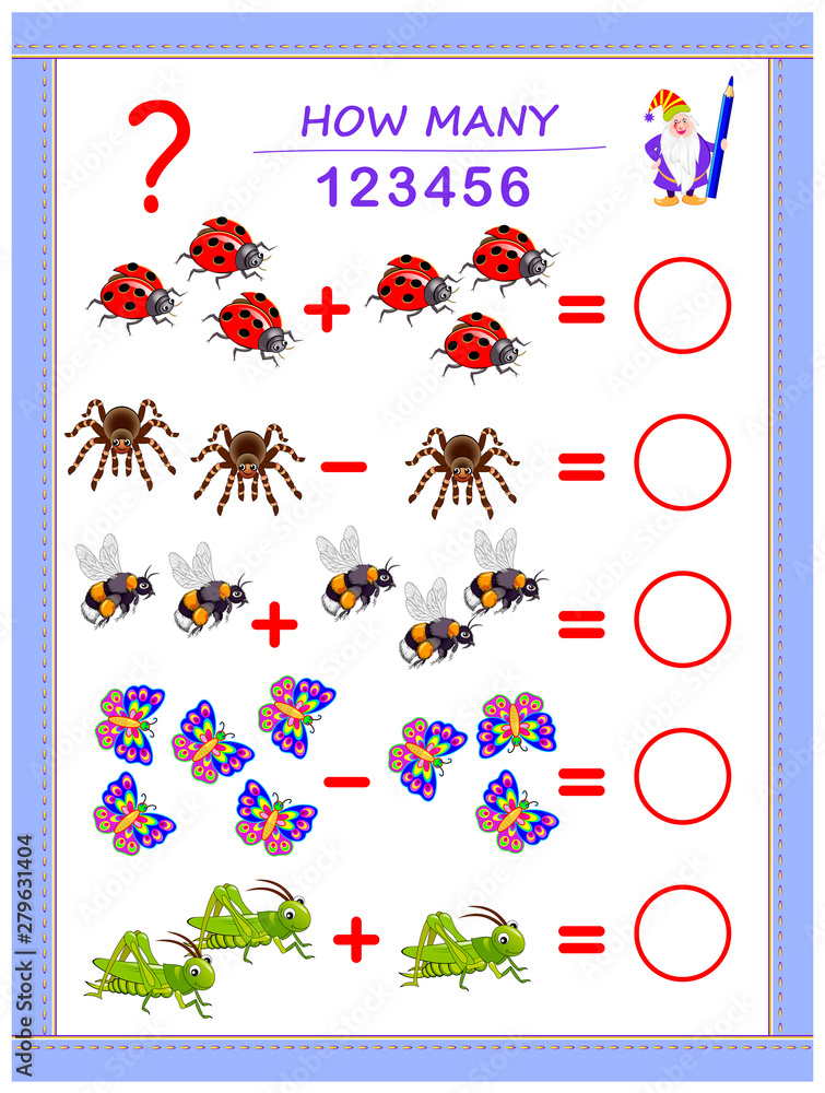 Educational page for children on addition and subtraction. Solve ...